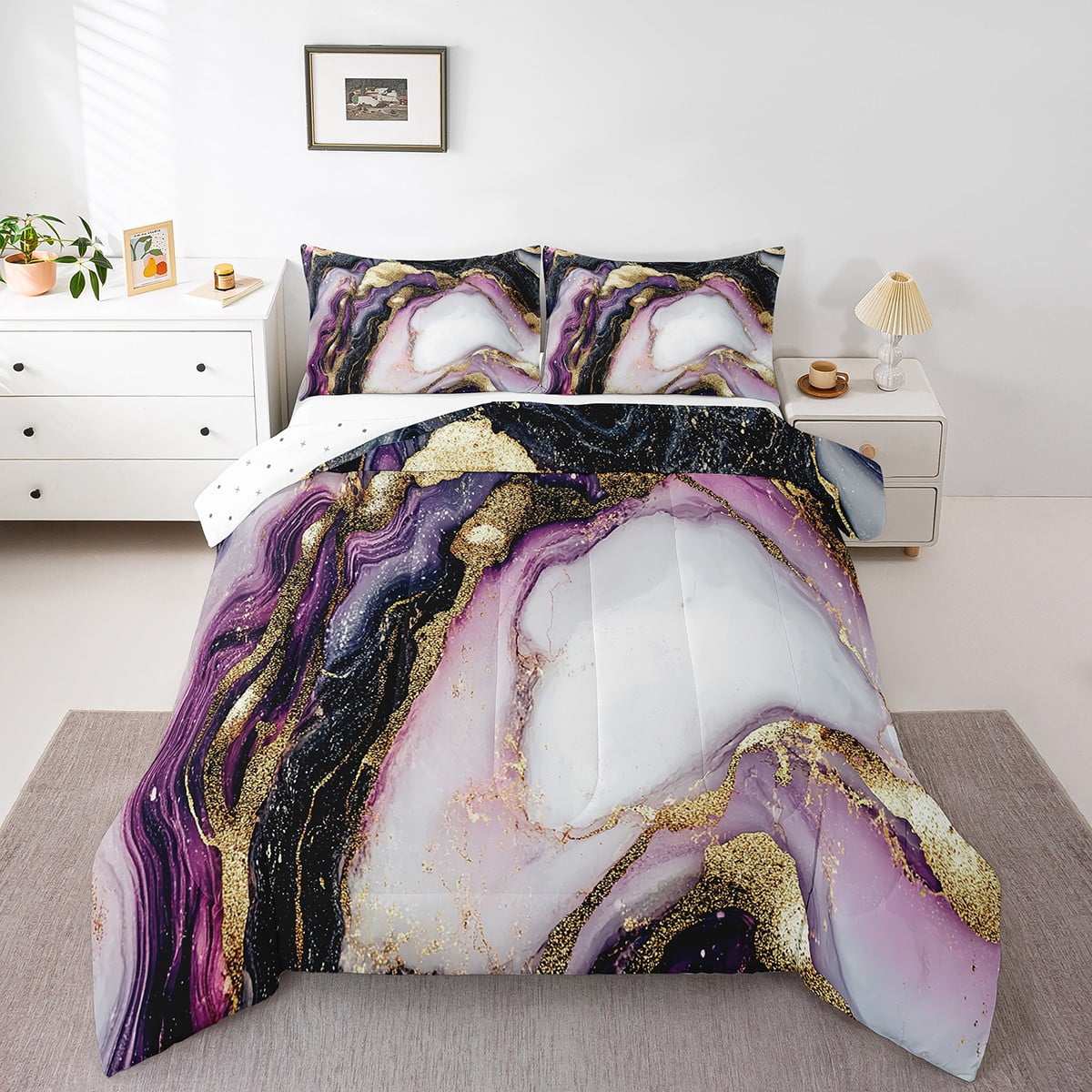 Purple Marble,Bedding Set Queen Size Gold Glitter Comforter Set Modern ...