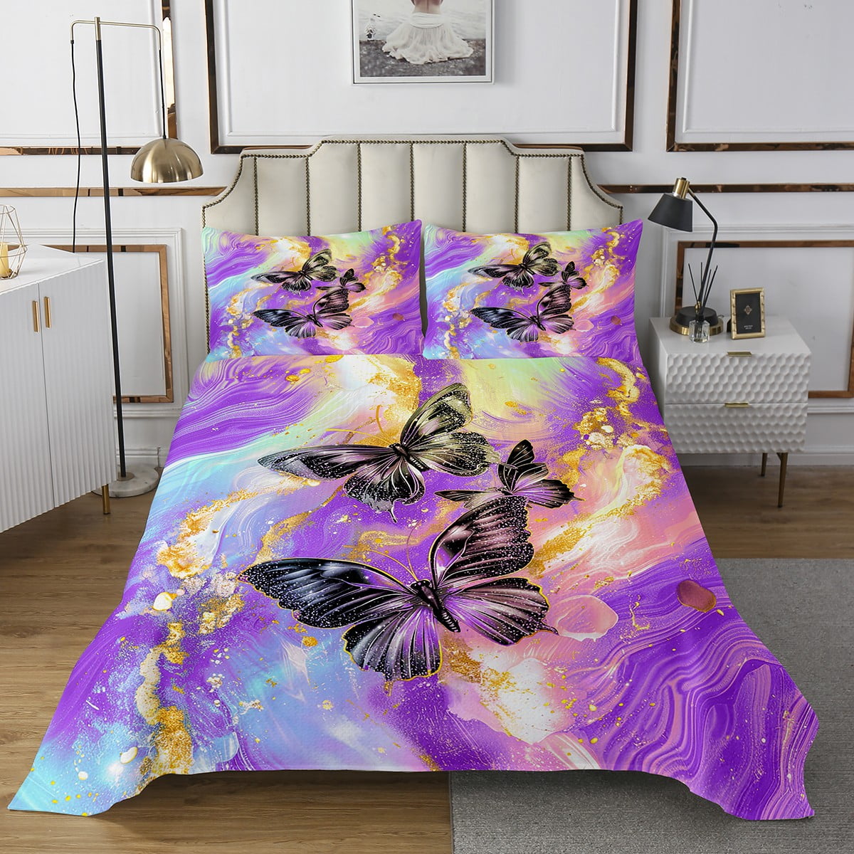 Purple Marble Bedspread Set Butterfly Coverlet Set,Gradient Marbling ...