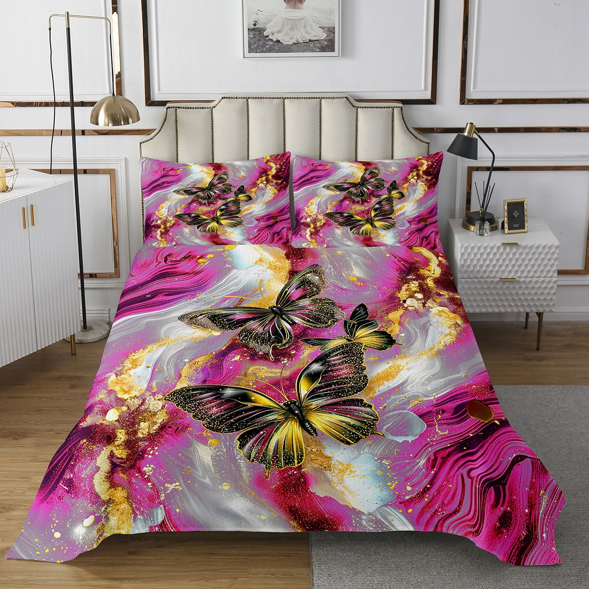 Purple Marble Bedspread Set Red Butterfly Quilt Set King,Gold Marbling ...