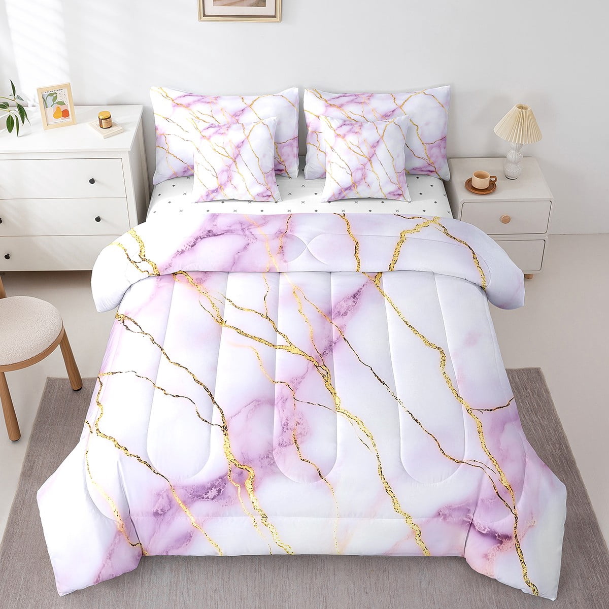 Purple Marble Comforter Cover Golden Stone Pattern Bedding Set,Pastel ...