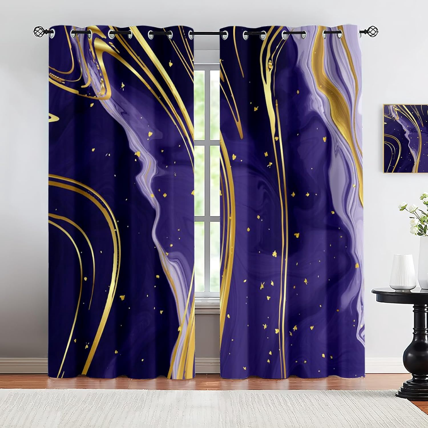 Purple Marble Curtain For Windows Abstract Gold Leaf Art Window ...