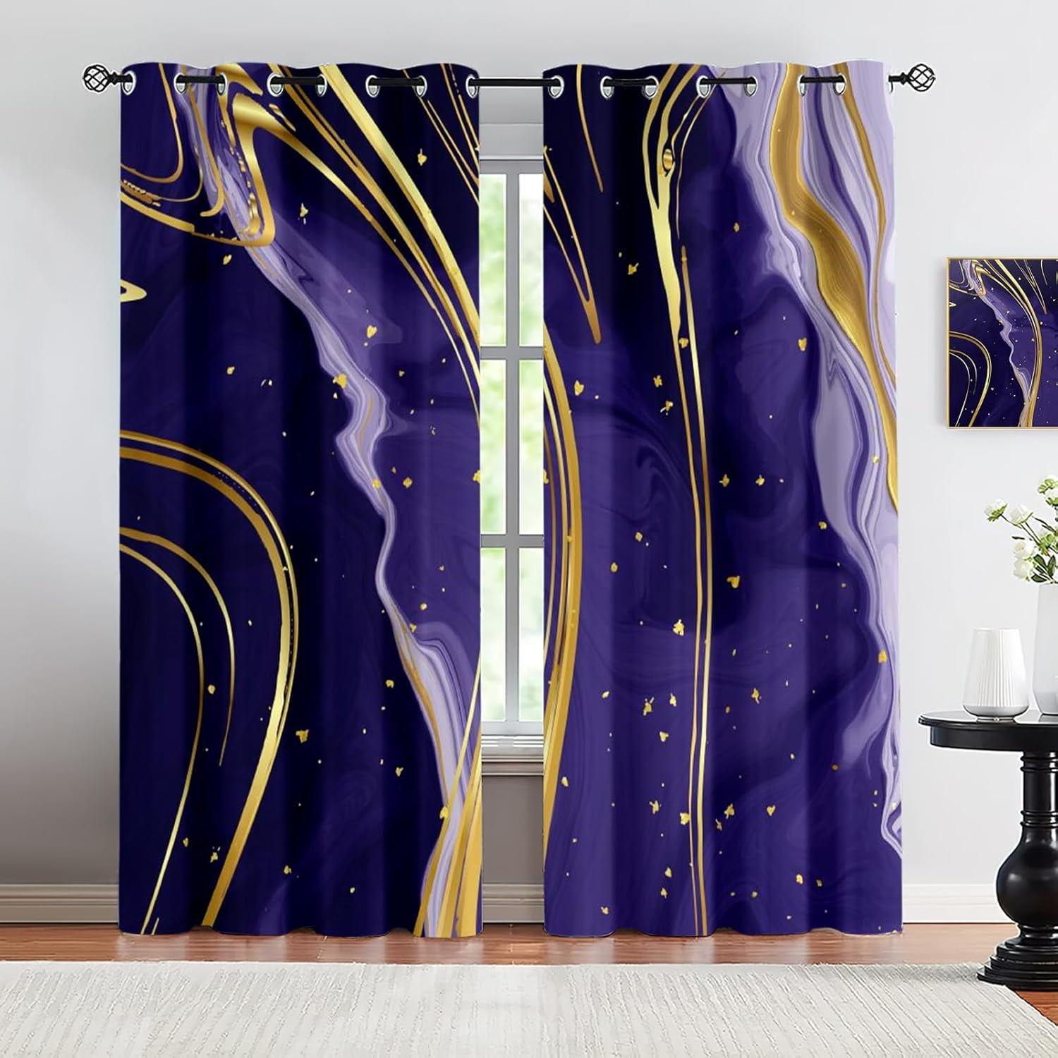 Purple Marble Curtain For Windows Abstract Gold Leaf Art Window ...