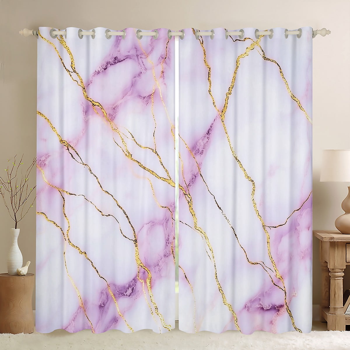 Purple Marble Curtains Golden Stone Pattern (42Wx84L) 2 Panels Curtains ...