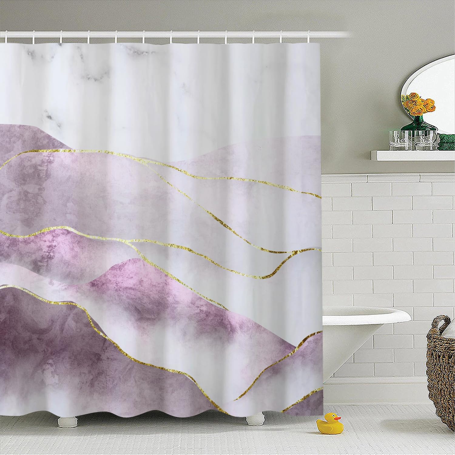 Purple Marble Shower Curtain Set Abstract Grey Gold Lines Waterproof ...