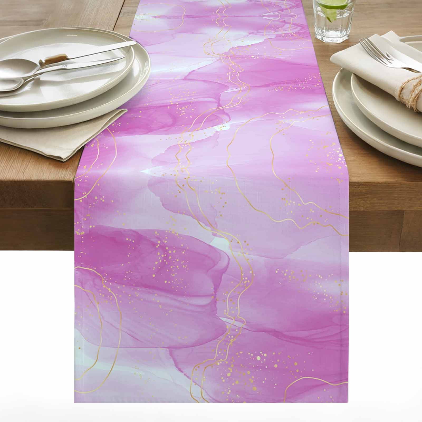 Purple Marble Table Runner 13x120 inch Golden Lines Modern Cotton Linen ...