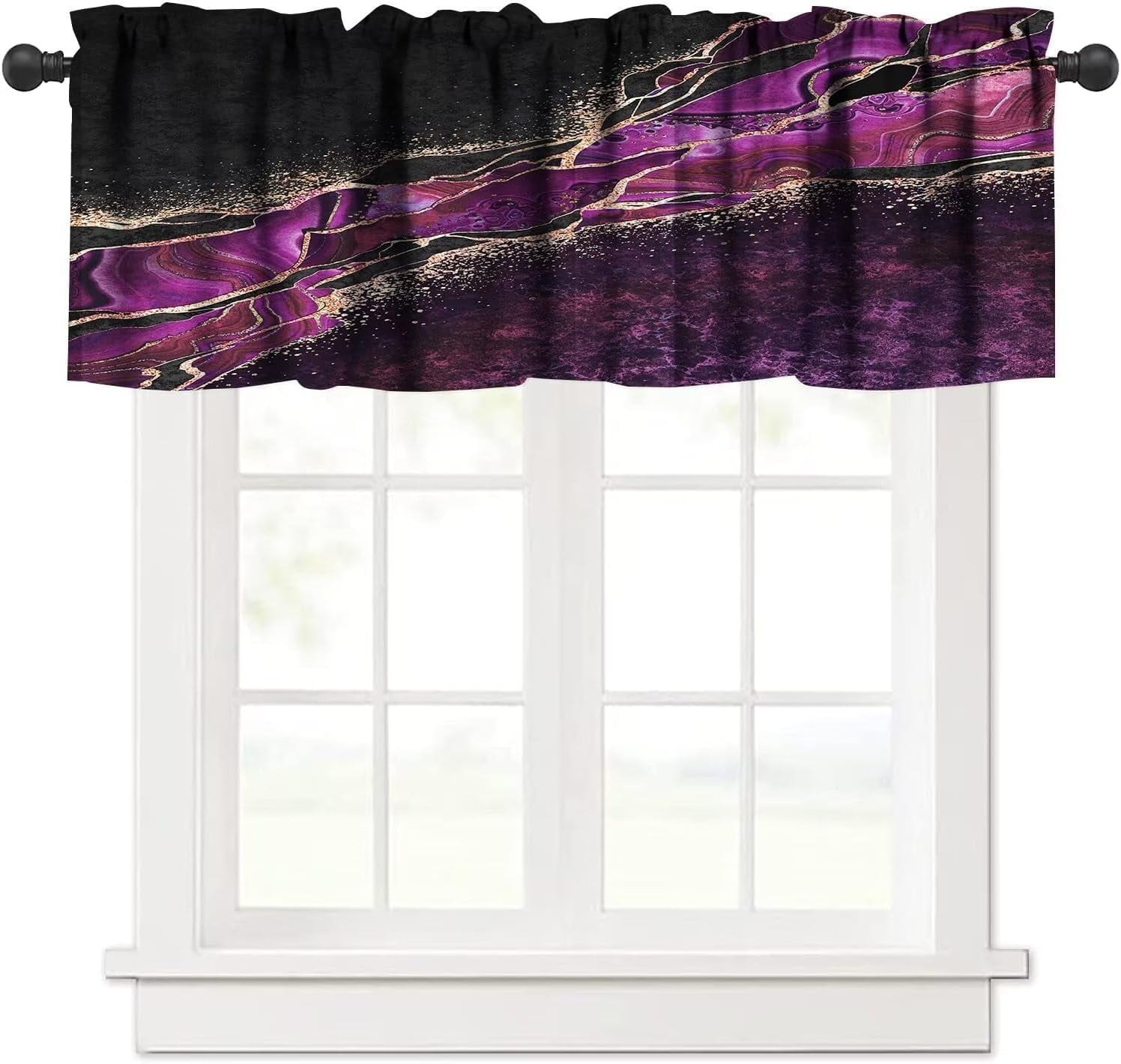 Purple Marble Valance Curtain Black Marble Gold Veins Abstract Rod ...