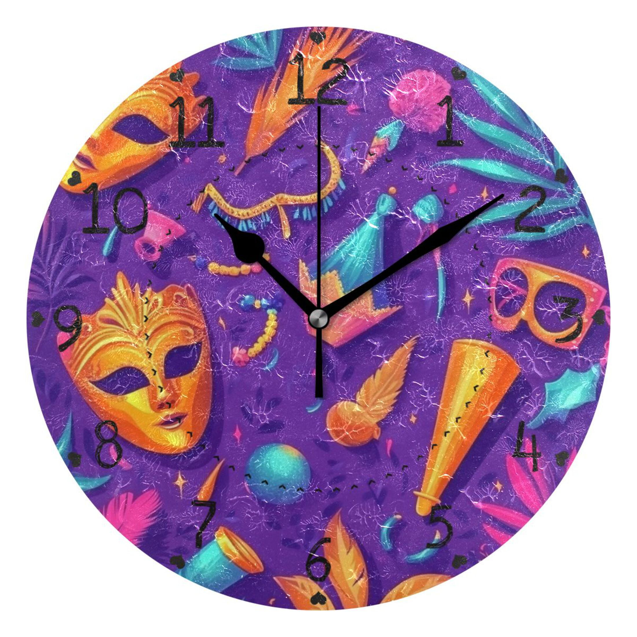 Purple Mardi Gras Mask Round Wall Clock Silent Battery Operated Home ...