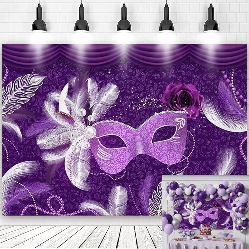Purple Mask White Feather Backdrop Masquerade Party Dress Up Rave ...