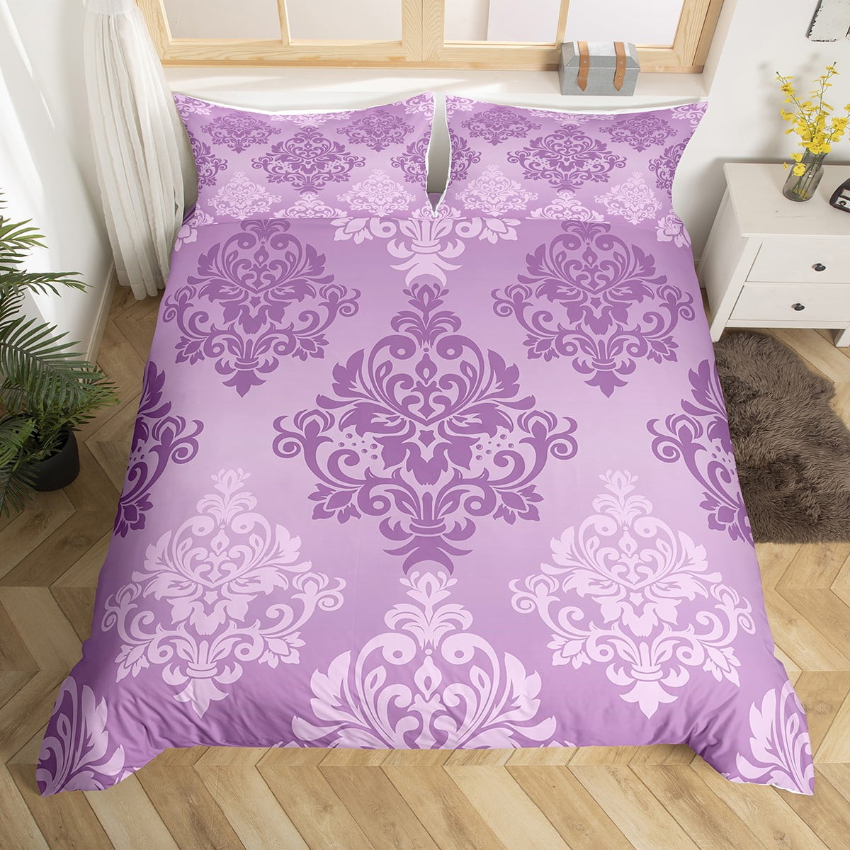 Purple Medallion Damask Duvet Cover King,Vintage Floral Victorian ...
