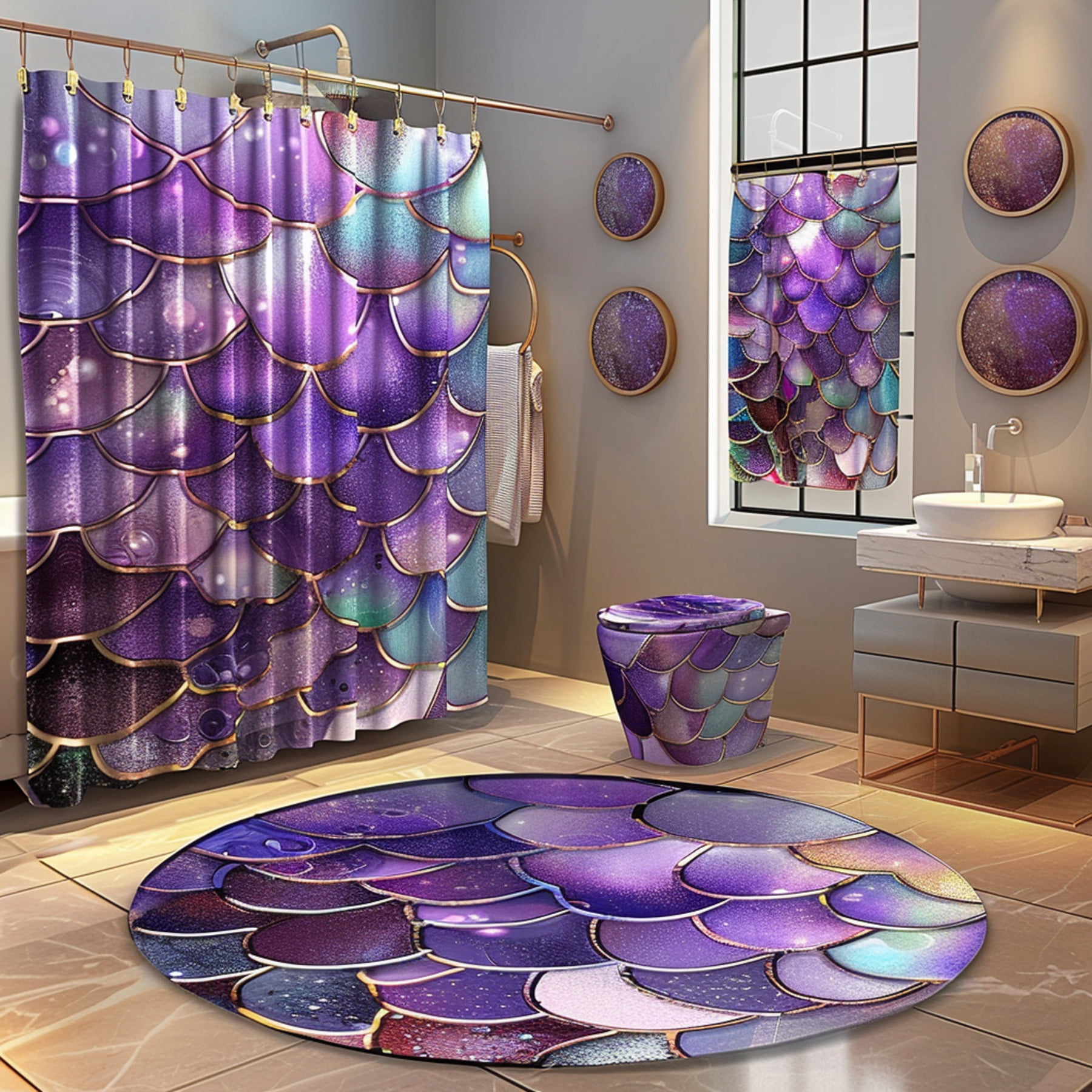 Purple Mermaid Scales Bathroom Set With Circle Pattern Shower Curtain