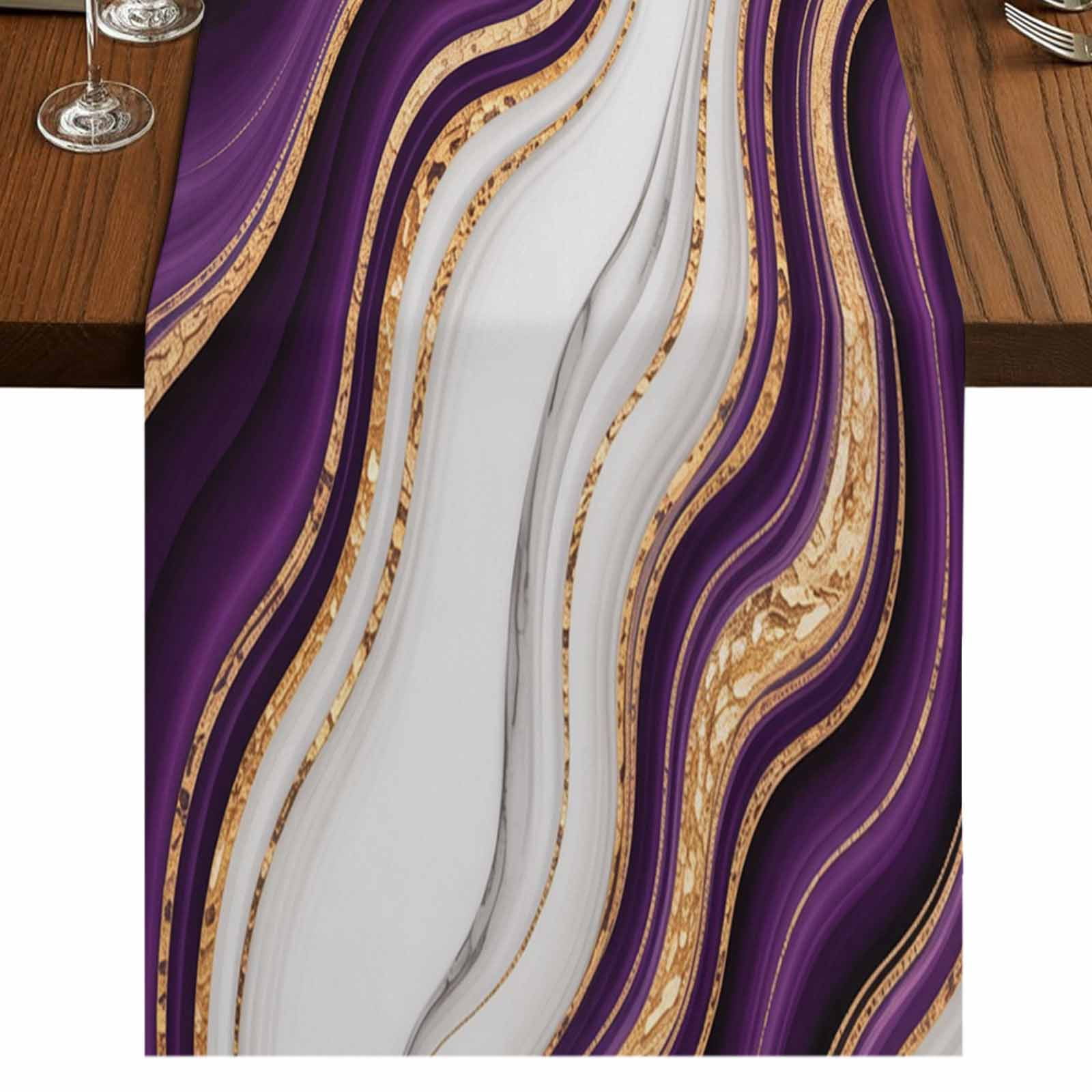 Purple Modern 36 Inch Table Runner, Classic Abstract Art Luxury Golden ...