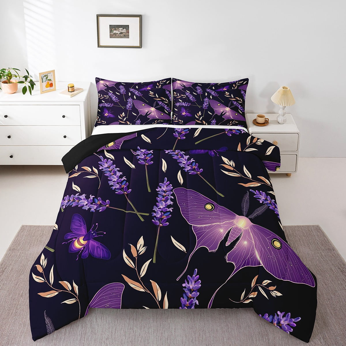 Purple Moth Bedding Sets,Watercolor Lavender Botanical Leaves Comforter ...