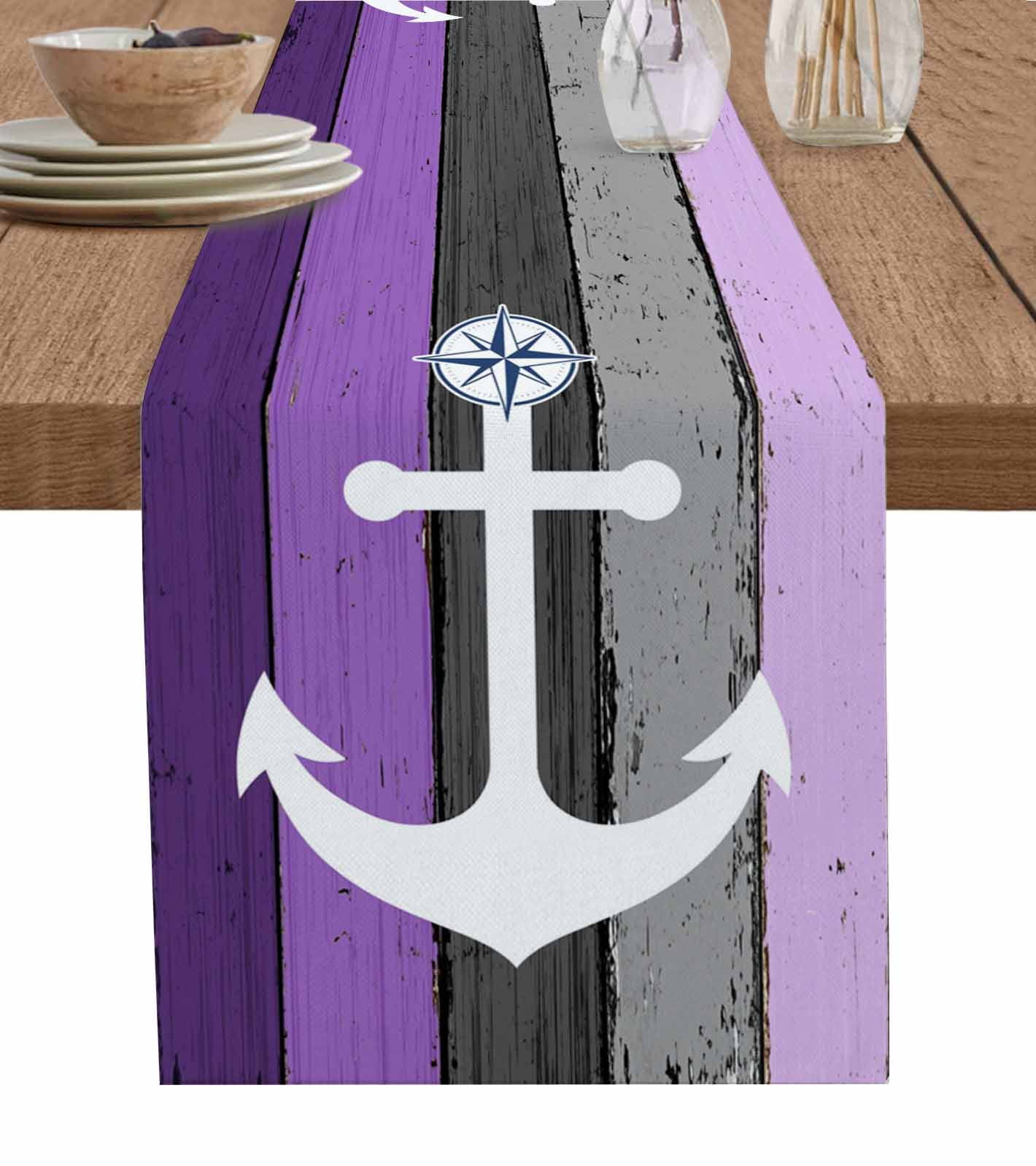 Purple Nautical Anchor Short Table Runners 48 Inches, Cotton Linen ...