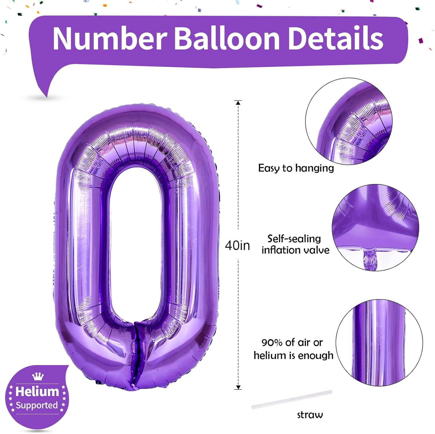 Purple Number Balloons, 40 Inch Foil Large Balloons, Helium Self ...