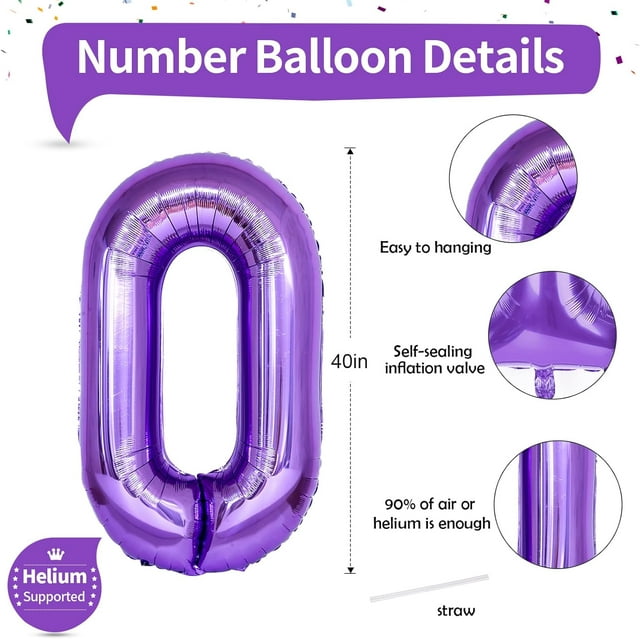 Purple Number Balloons, 40 Inch Foil Large Balloons, Helium Self ...