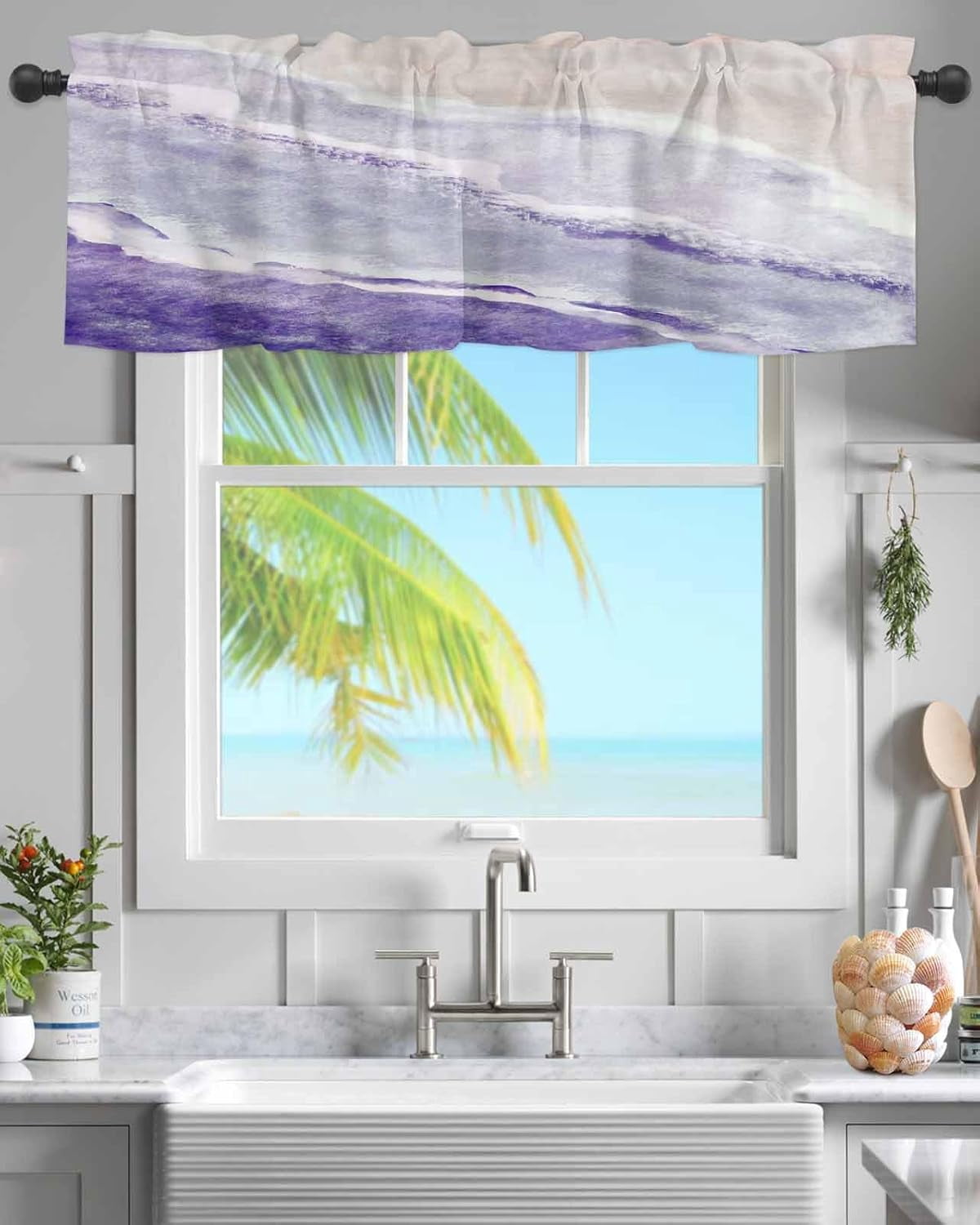Purple Ocean Beach Kitchen Valances,Sea Wave Coastal Seaside Rod Pocket ...