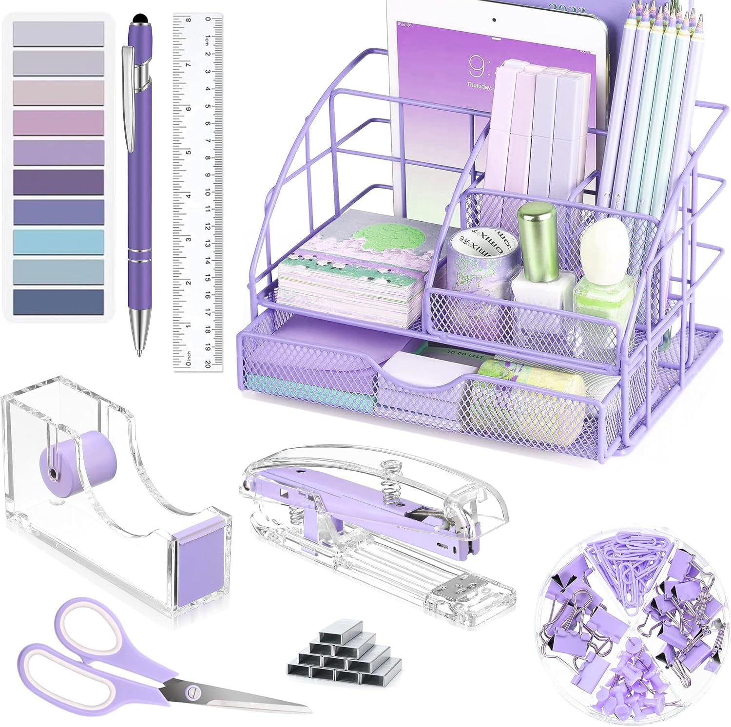Purple Office Supplies Set with Mesh Desk Organizer, Acrylic Tape ...