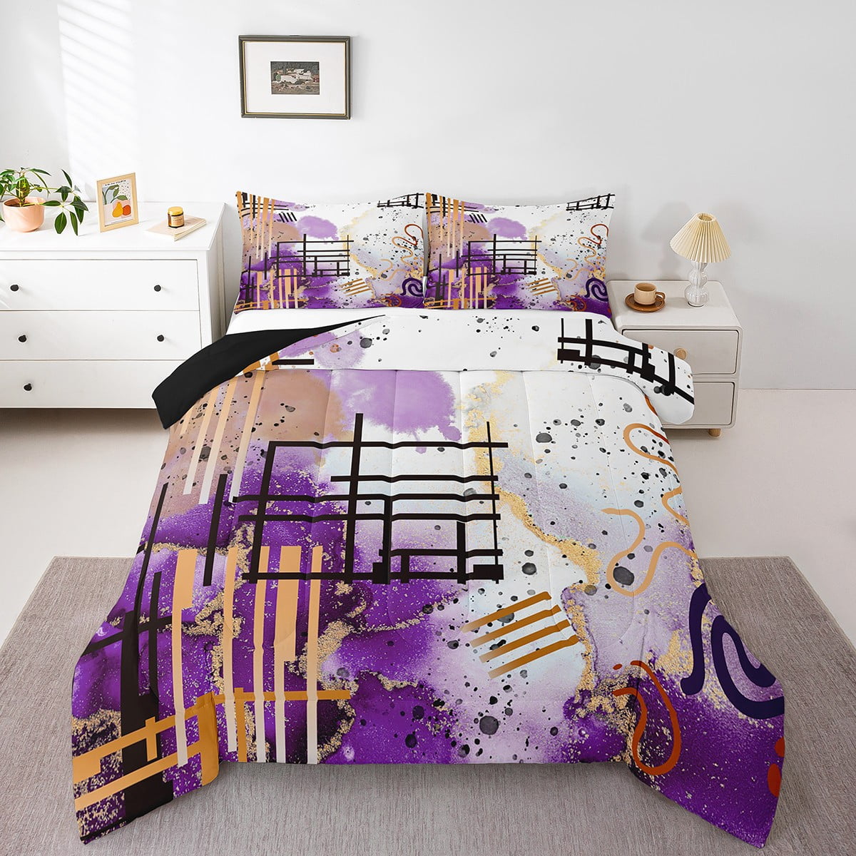 Purple Ombre Comforter Set Queen Size Geometry Stripes Bedding Sets ...