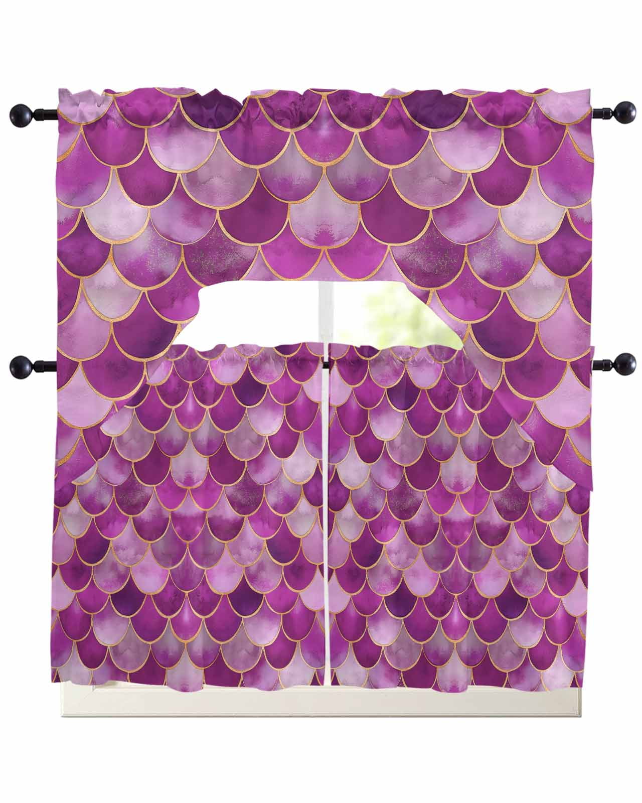 Purple Ombre Scale Kitchen Curtains Sets 24 Inch Length with Valance ...