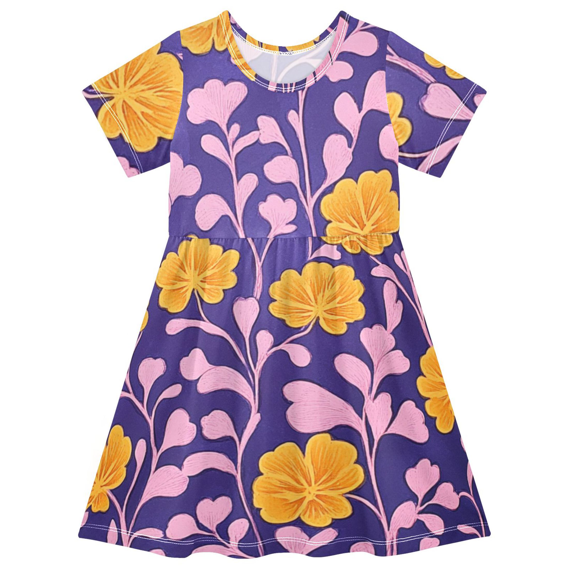 Purple Orange Flowers Girls' Short Sleeve Dress A-Line One-Piece Dress ...