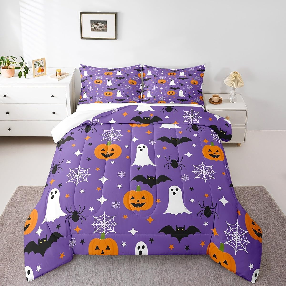 Purple Orange White Witch Hat Comforter Set Red Rose Bedding Set for ...