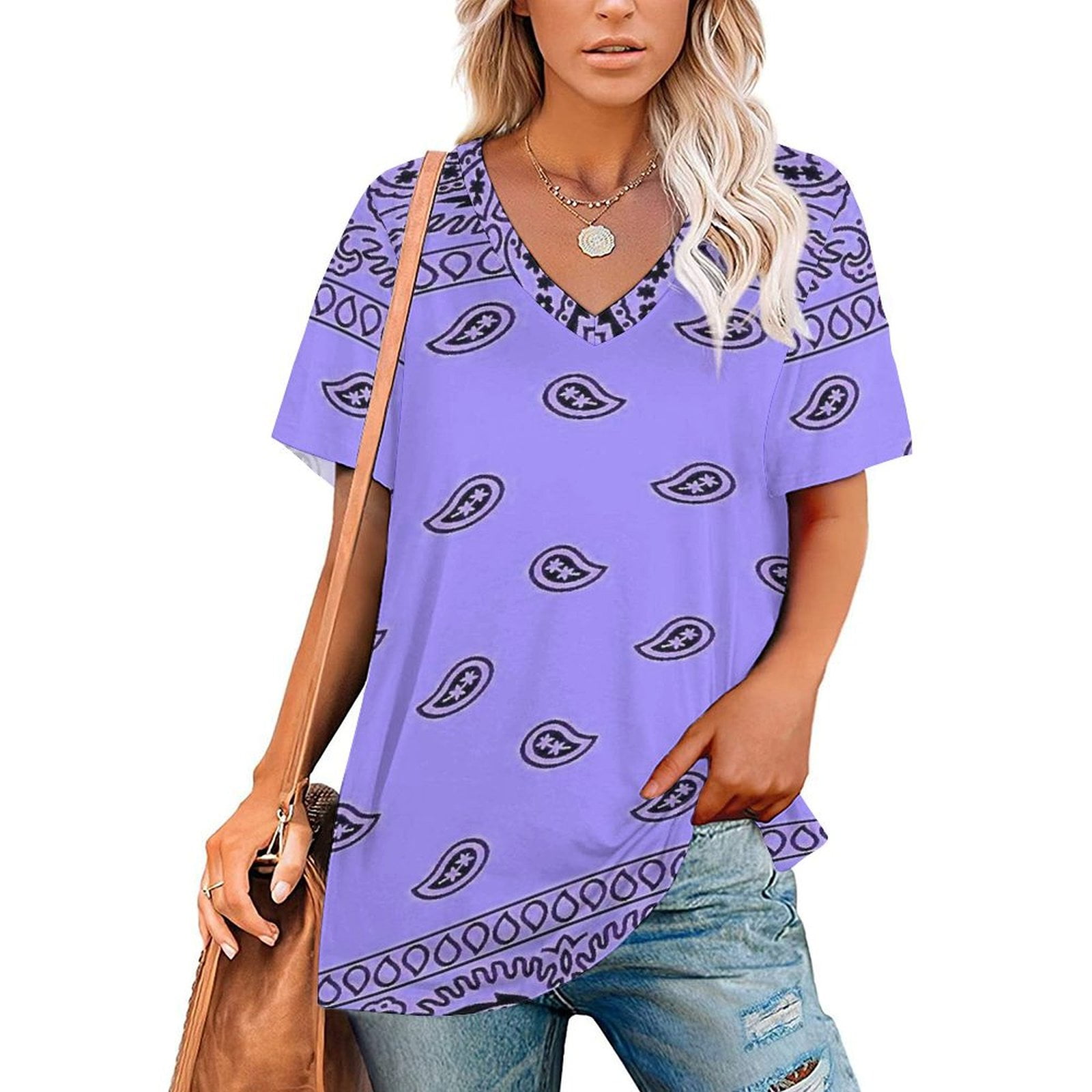 Purple Paisley Bandana Pattern Fashion Female T-Shirt Short Sleeve Lady V Neck Oversize T Shirts ...