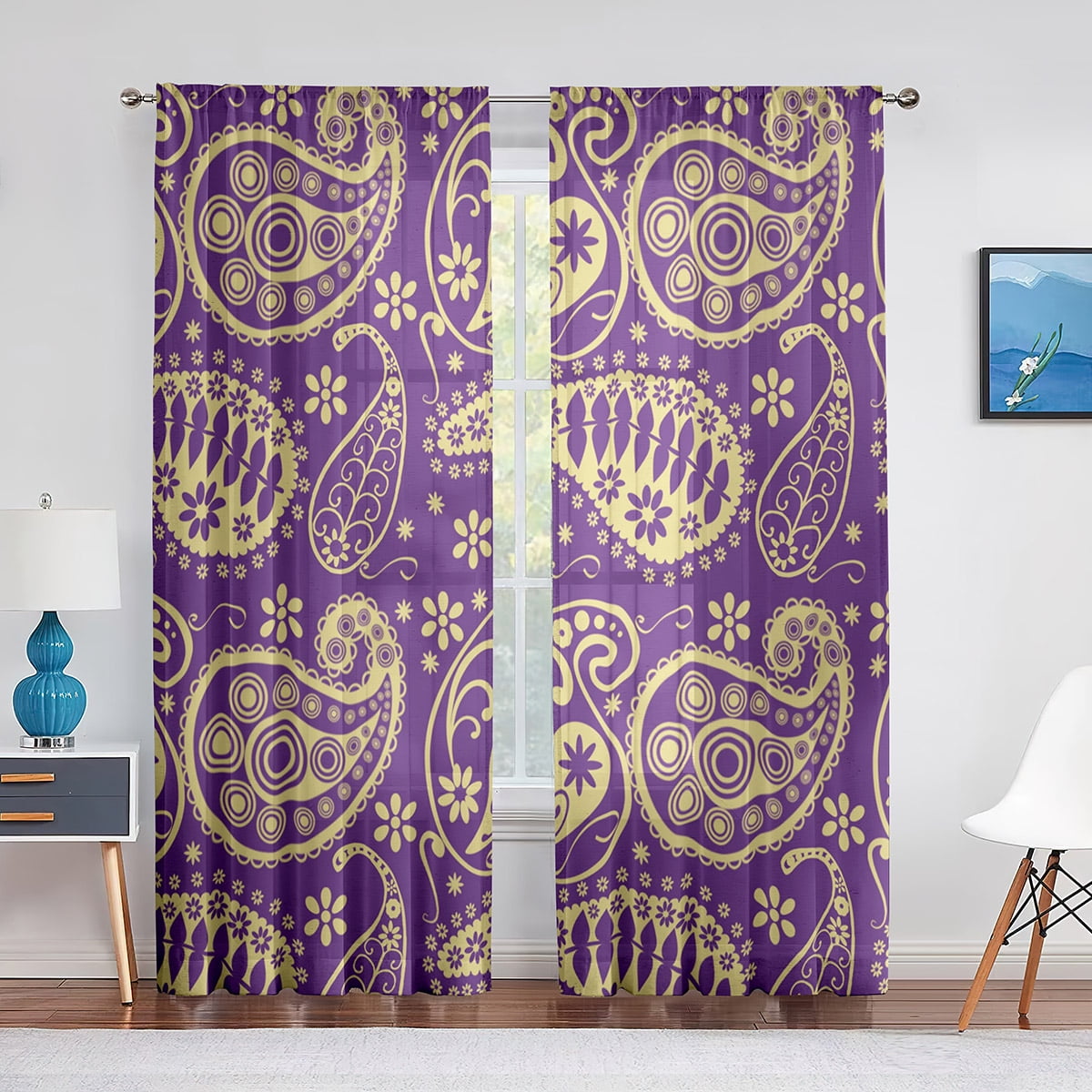 Purple Paisley Based on Traditional Eastern Pastel Design Tulle Curtain ...