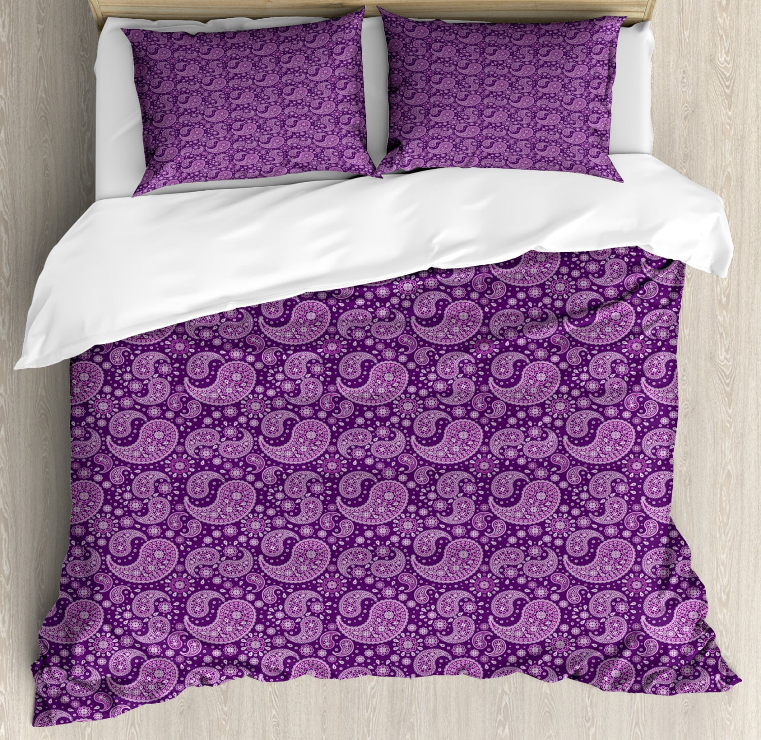 Purple Paisley Duvet Cover Set Queen Size, Monochrome Design Graphic with Floral Motif Damask ...