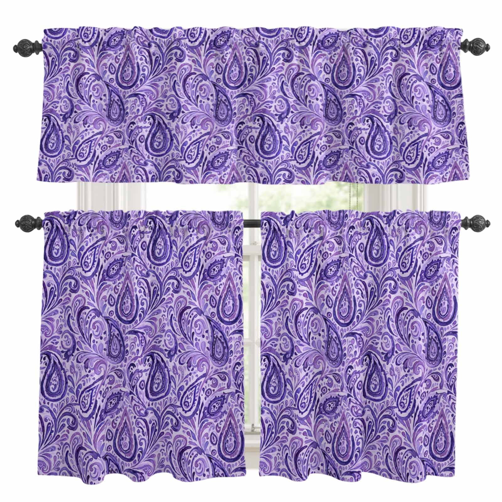 Purple Paisley Floral Kitchen Curtains Valances and Tiers Set of 3 ...