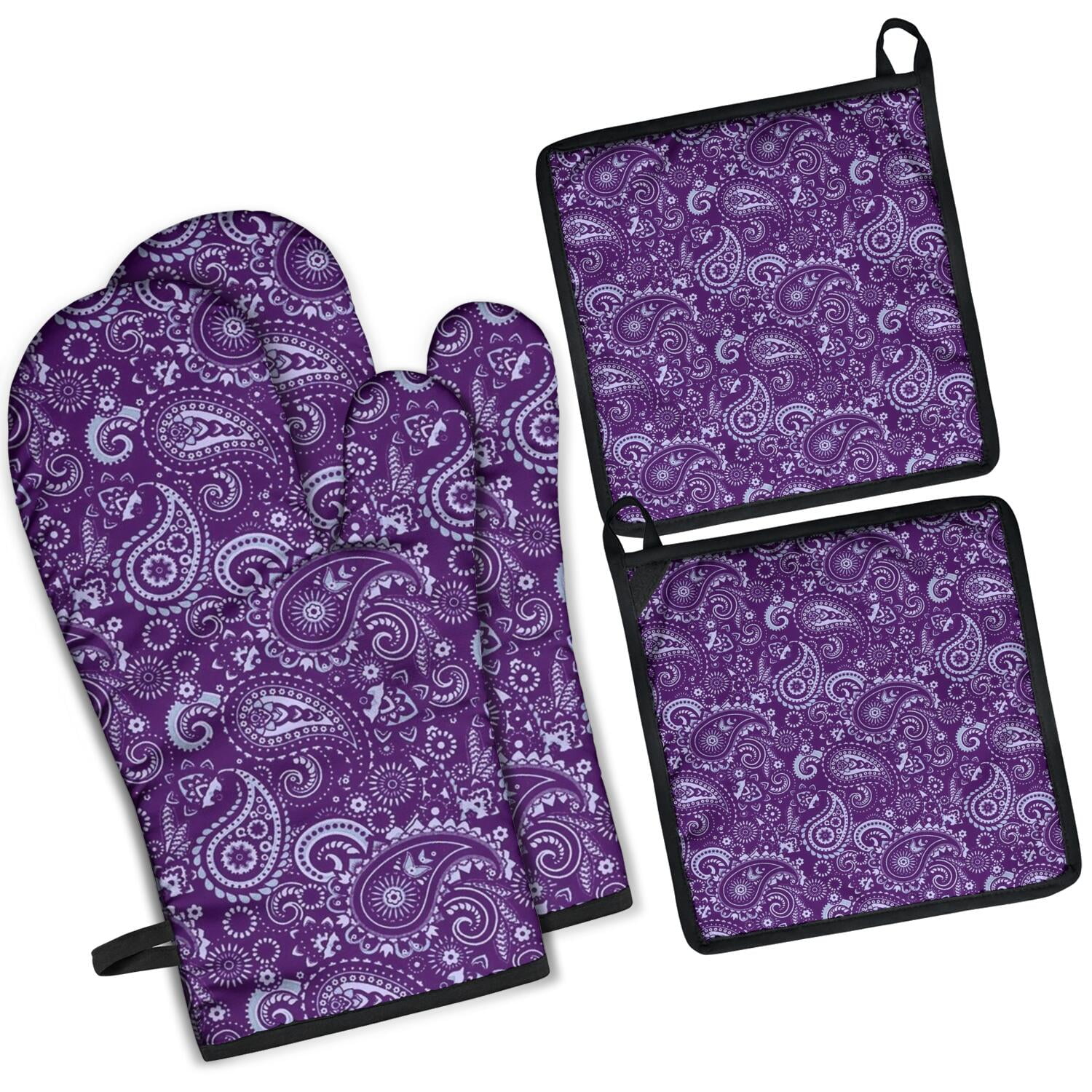 Purple Paisley Pattern Kitchen Oven Mitt and Pot Holder Sets 4 Pcs for ...