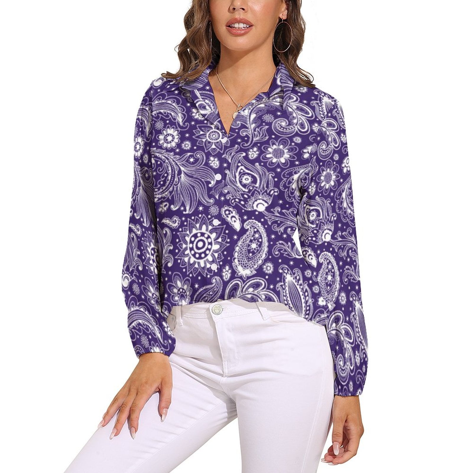 Purple Paisley Print Blouse Long-Sleeve Psychedelic Hippie Office Work ...