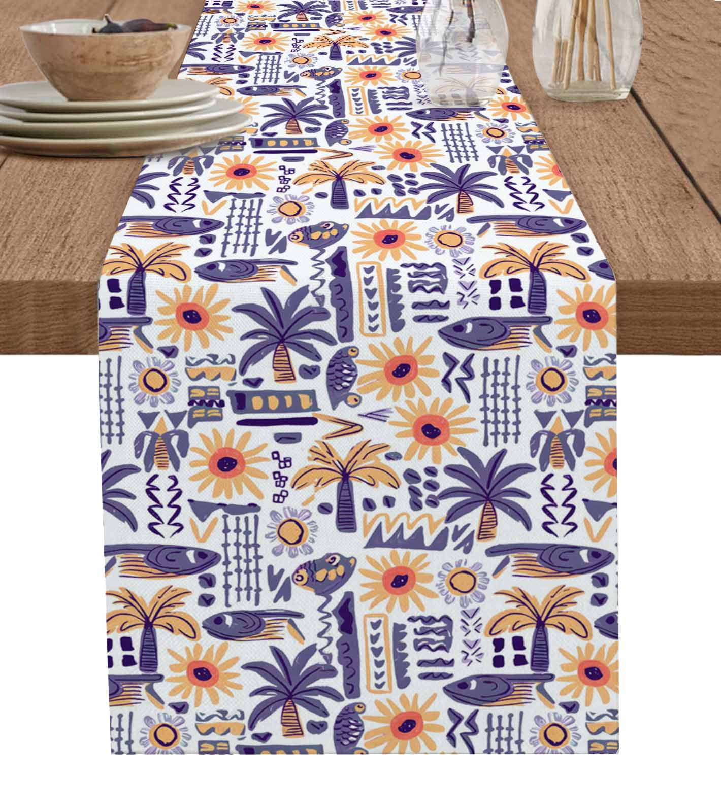 Purple Palm Coastal Table Runner 120 Inches, Summer Tropical Botanical Tree Bed Runner Dresser ...