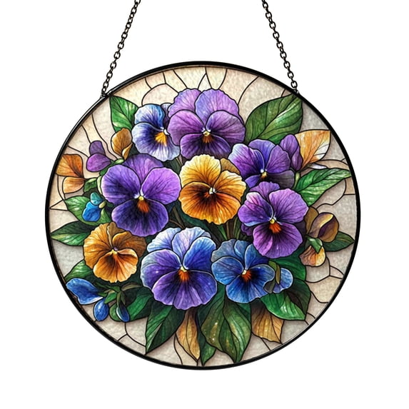 Purple Pansy Floral Stained Glass Window Hanging, Decorative Botanical ...