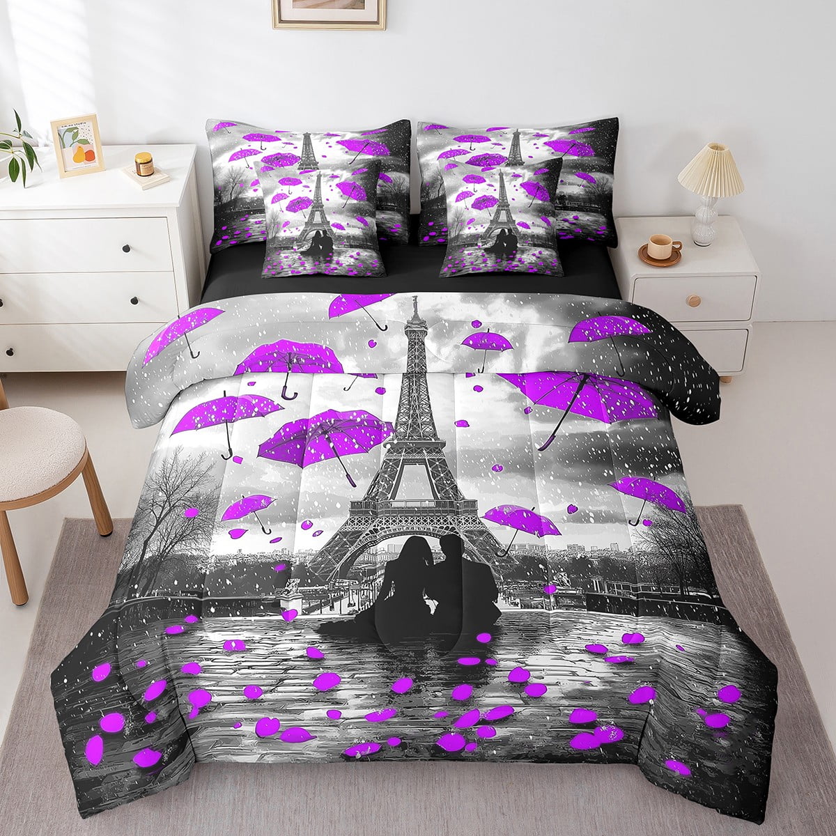 Purple Paris Bedding Set Queen 7 Pcs,French Eiffel Tower Bed in a Bag with Flat Fitted Sheet ...