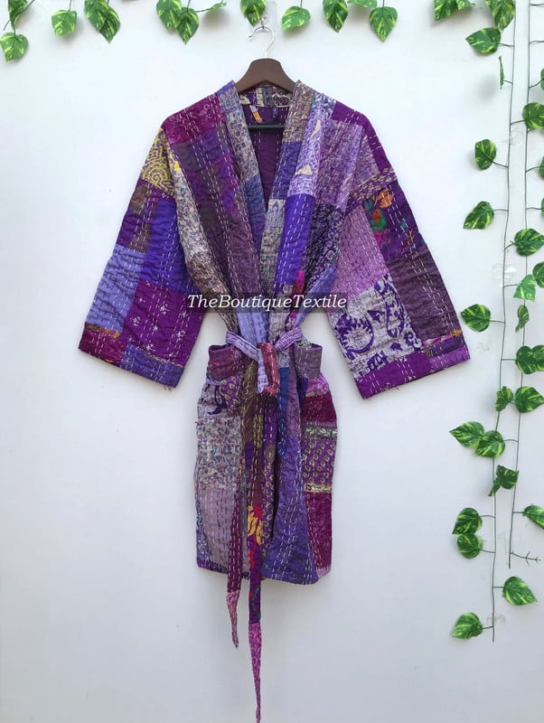 Purple Patchwork Handmade Silk Kantha Robe, Traditional Robe, Longewear ...