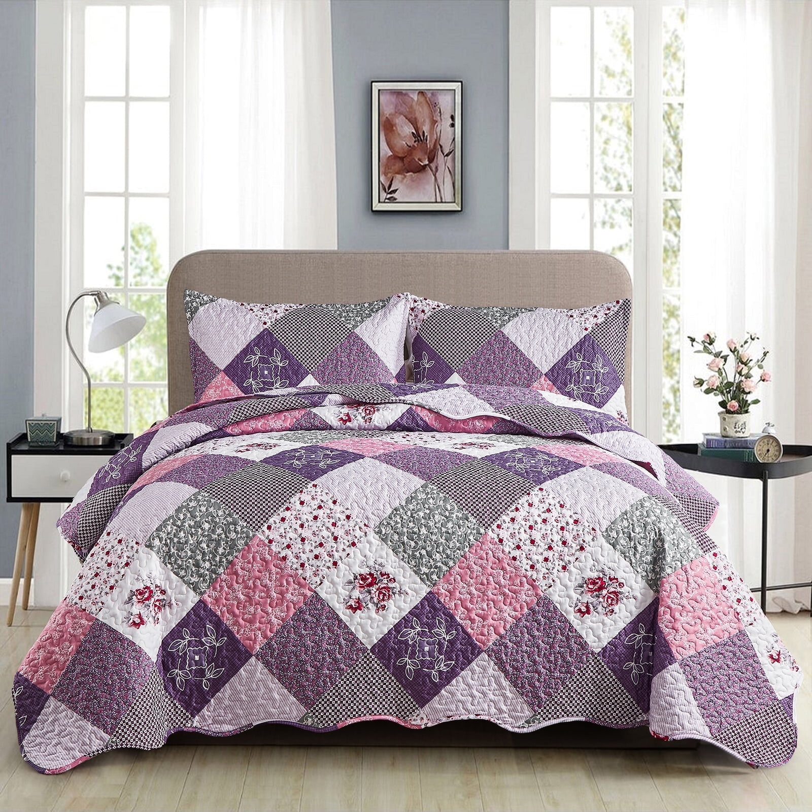 Purple Patchwork Quilt Set Queen Size,3 Pcs Purple Bedspread ...