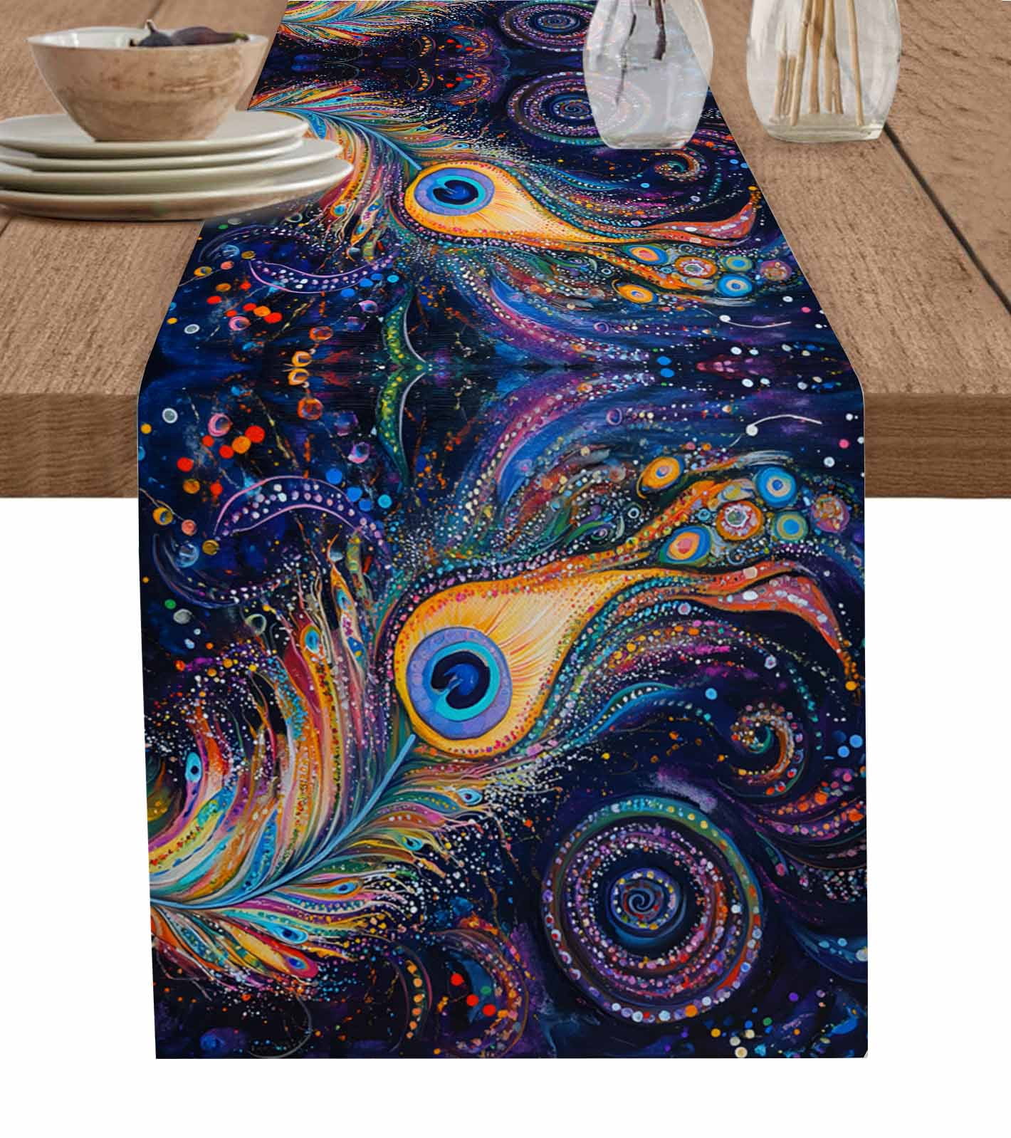 Purple Peacock Feather Burlap Cotton Table Runner 13x120 Inches Long ...