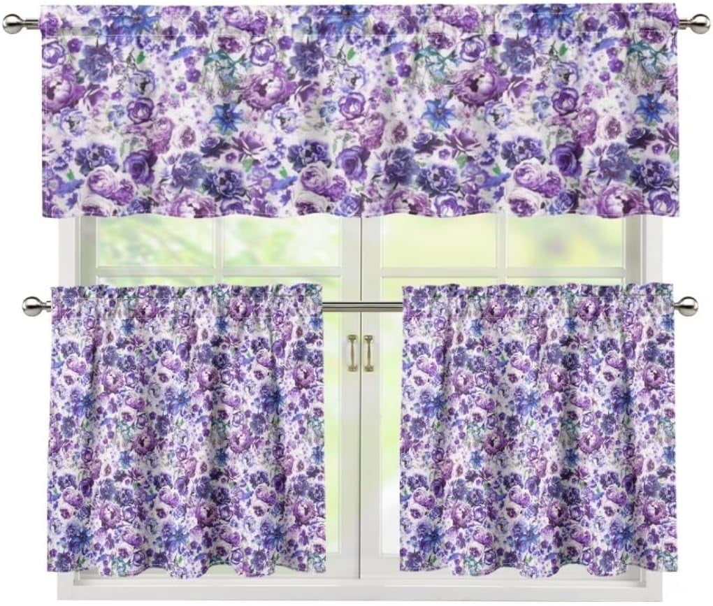 Purple Peony Kitchen Curtains Valance Set of 3 Retro Floral 36" Length ...