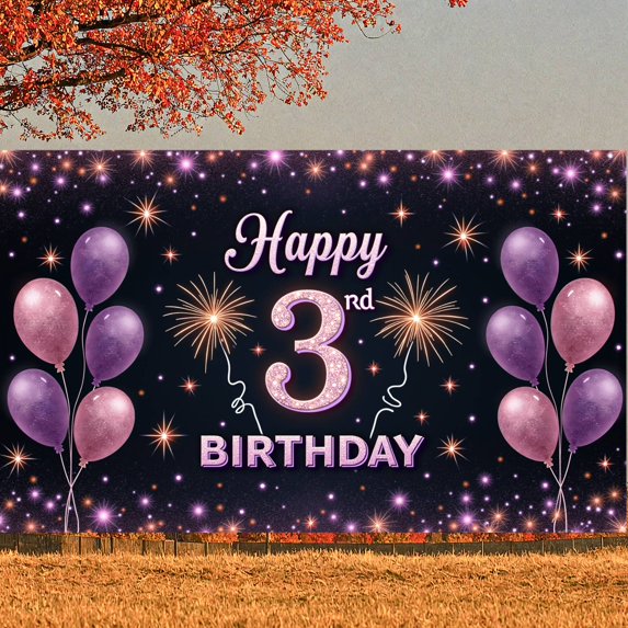 Purple Pink Balloons Happy 3rd Birthday Banner Glitter Design 3rd ...