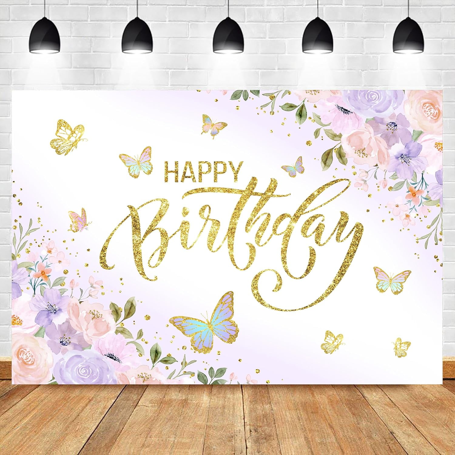 Purple Pink Floral Butterfly Happy Birthday Backdrop Polyester Girl ...