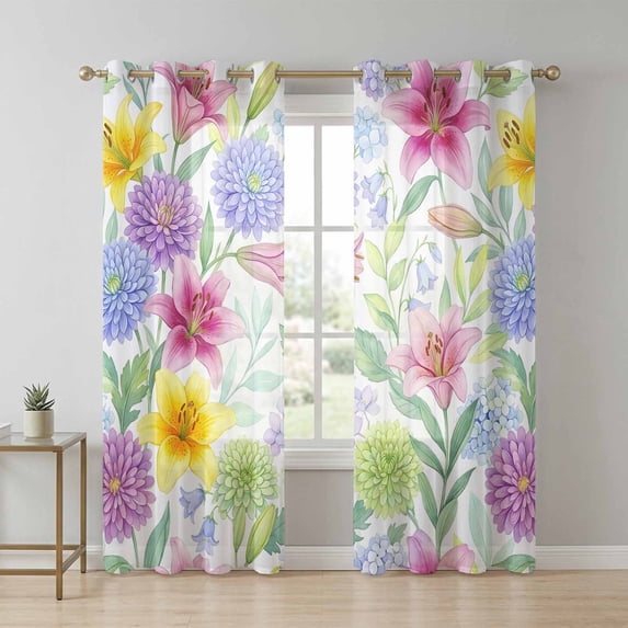 Purple Pink Floral Sheer Curtains 84 Inch Long 2 Panels, Yellow Green ...
