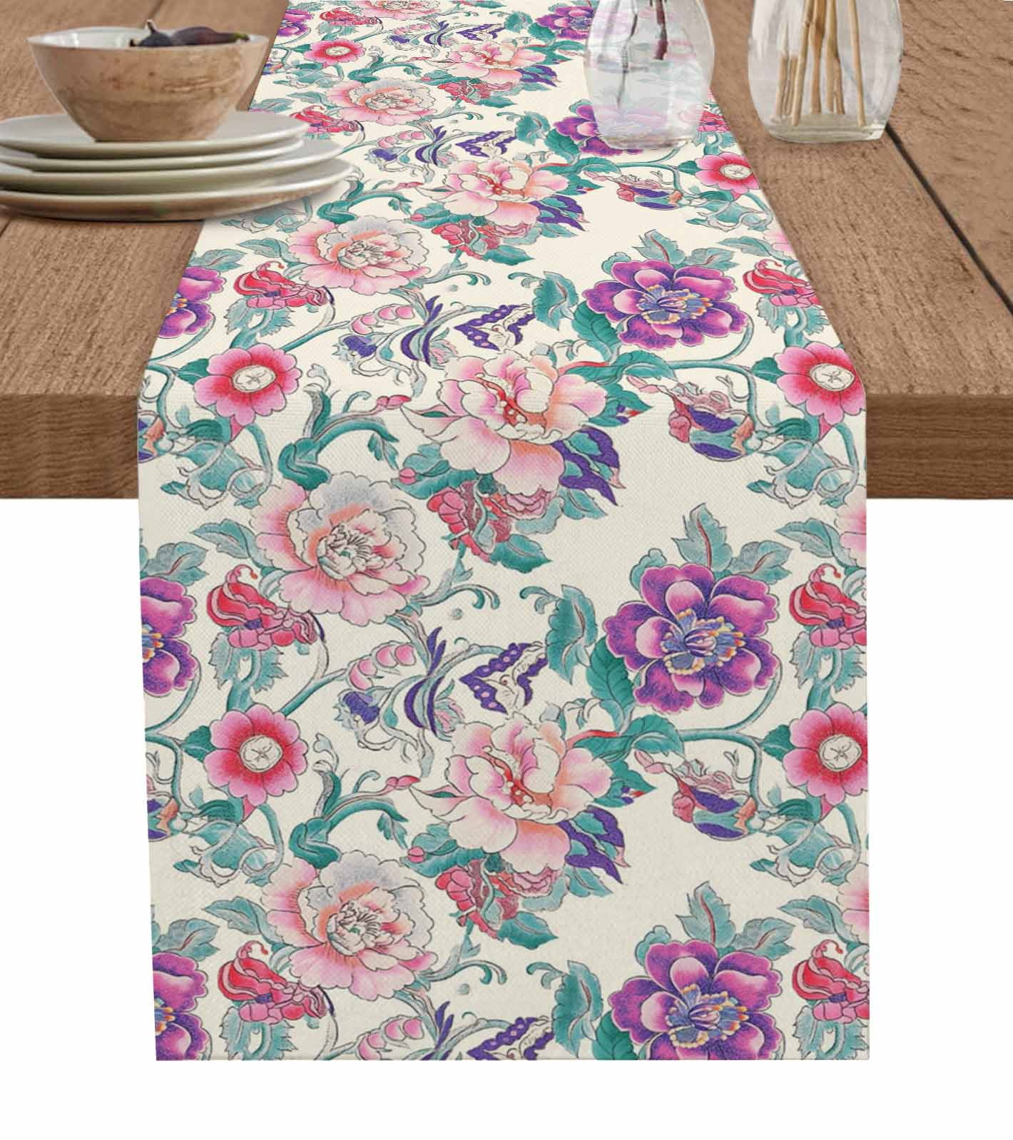 Purple Pink Floral Table Runner 108 Inches, Vintage Farmhouse Botanical ...