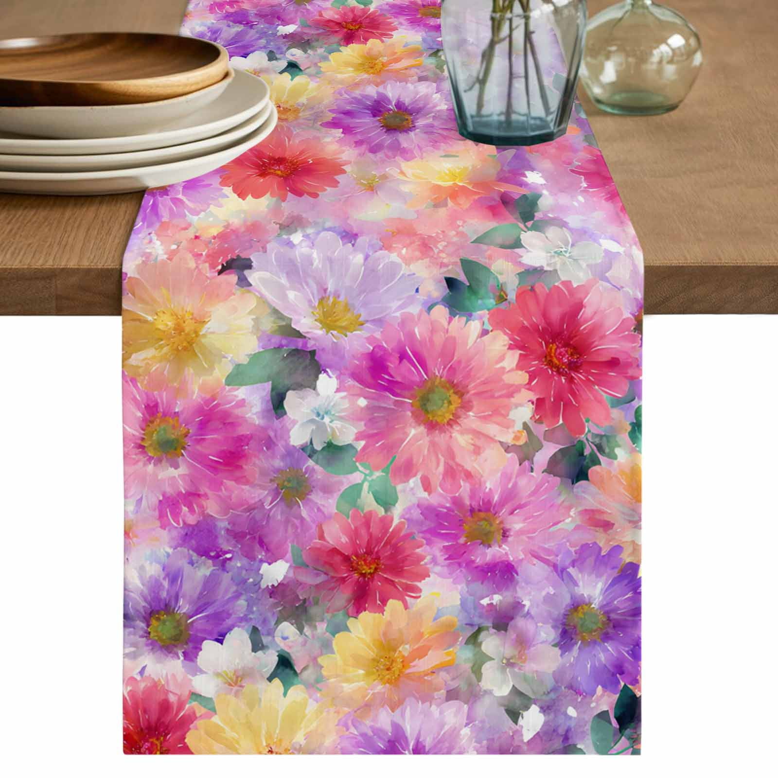 Purple Pink Floral Table Runner 72 Inches, Spring Pastoral Daisy Bed ...