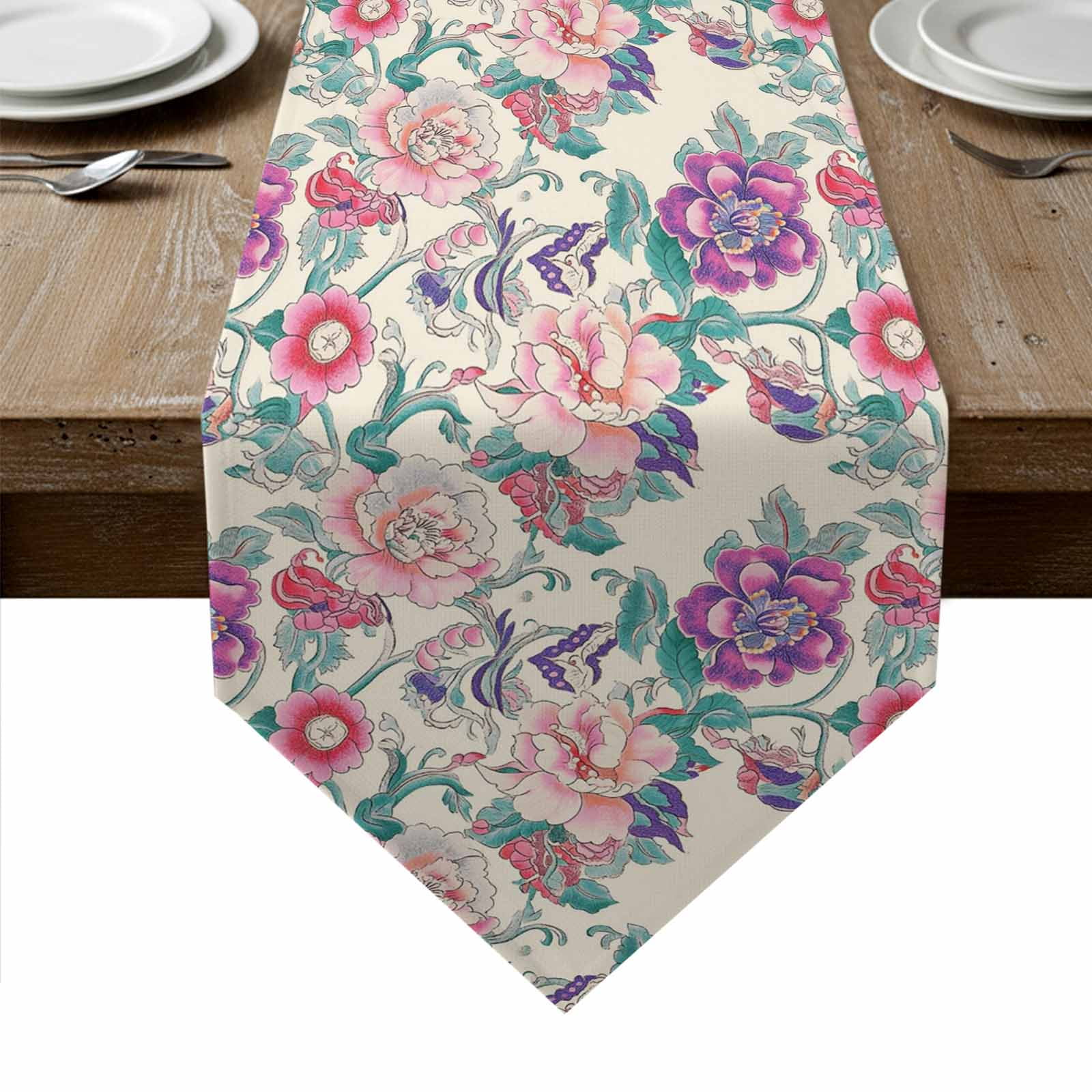 Purple Pink Floral Table Runner Linen Burlap Table Runner 70 Inches ...