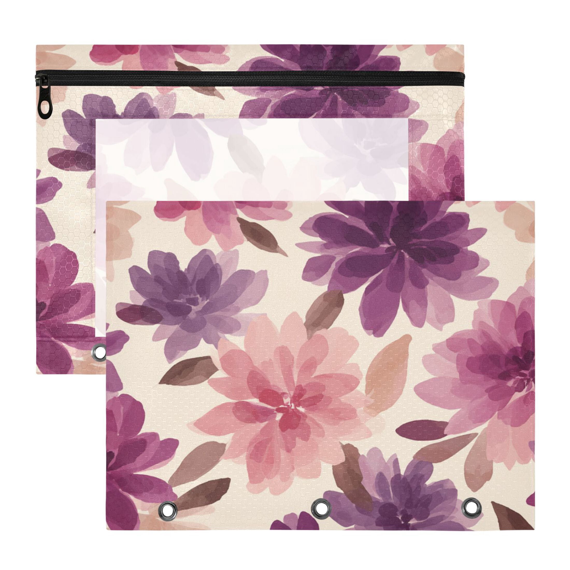 Purple Pink Flower Patel Retro 3-Ring Binder Pocket with Zipper Pencil ...