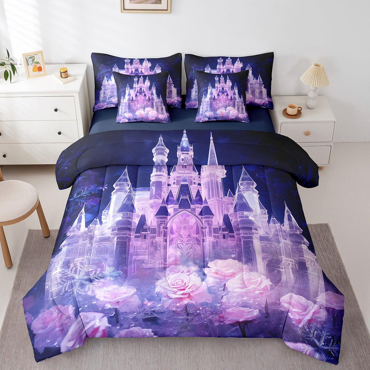 Purple Pink Princess Bedding Set Queen Size,Magical Castle Comforter ...