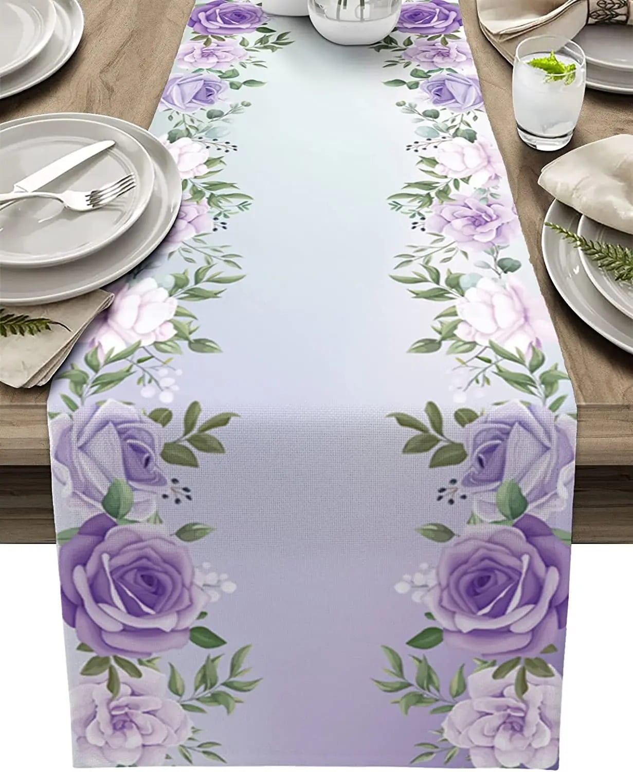 Purple Pink Rose Flower Linen Table Runners Wedding Party Decorations ...