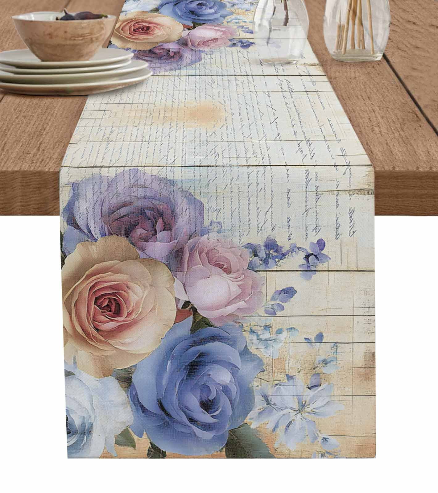 Purple Pink Roses Table Runner 72 Inches, Vintage Botanical Floral ...