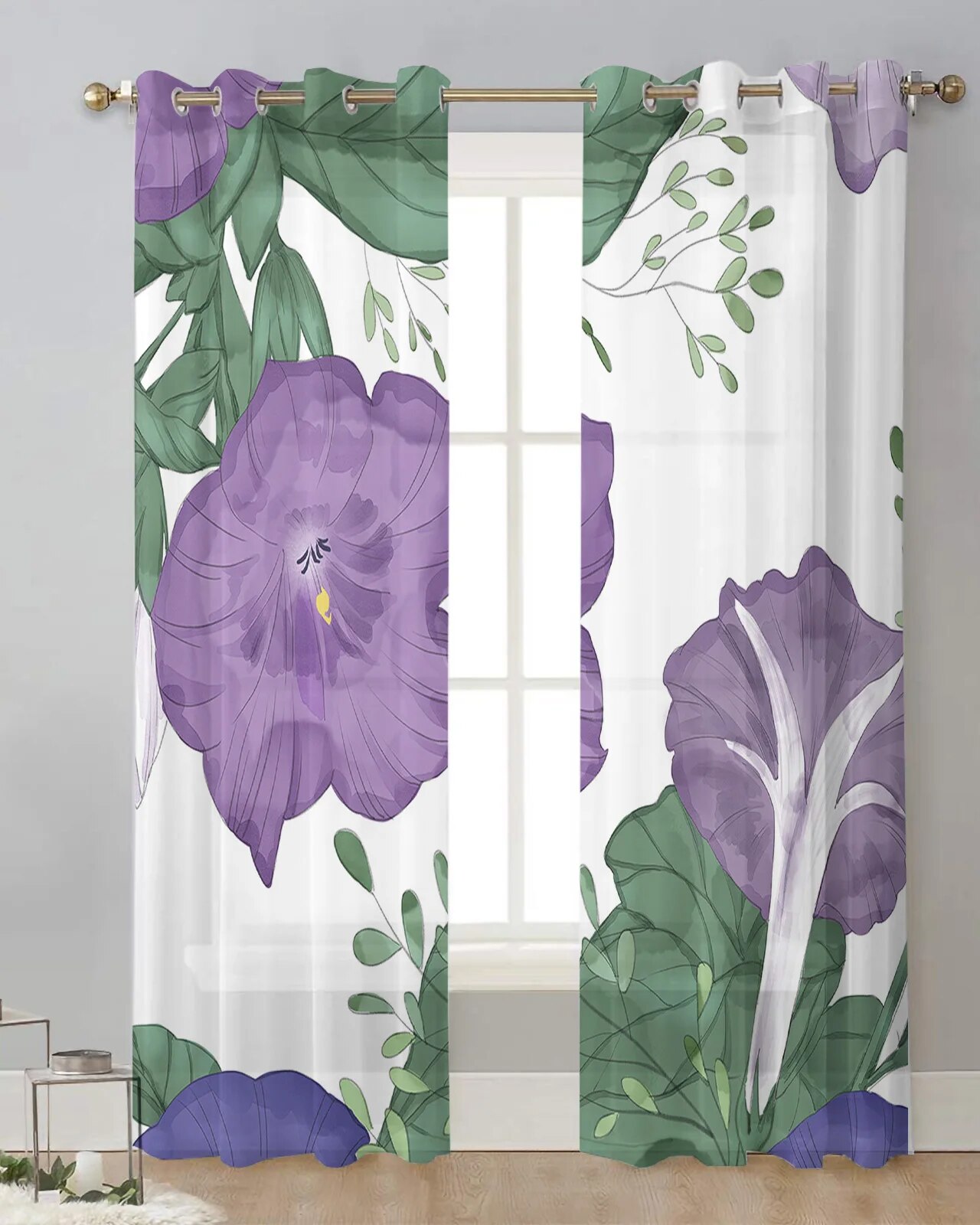Purple Plant Flower Illustration Modern Tulle Curtains Living Room ...