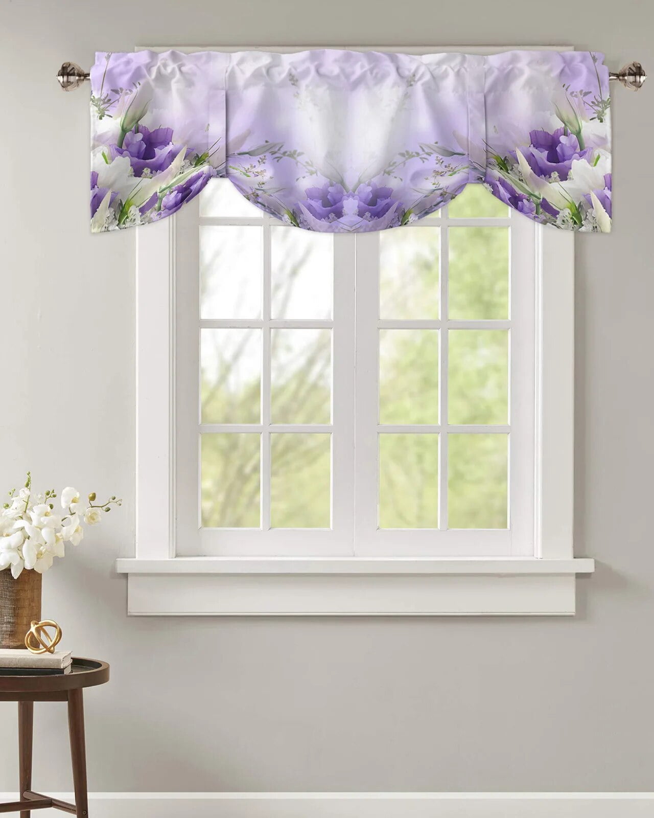 Purple Plant Flower Window Curtain Kitchen Cabinet Coffee Tie-Up Valance Curtain Rod Pocket ...